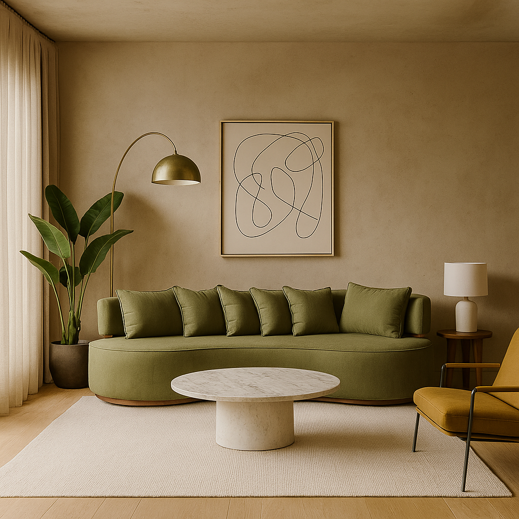 Sofá Curvo Asty 260 cm Base Imbuia Linho Verde